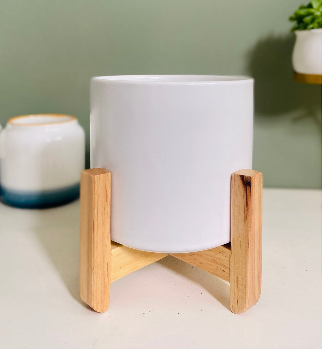 4.5" Cylinder Porcelain Ceramic Pot with Bamboo Stand – Pots For Plants