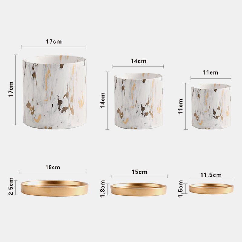 Rustic Marbled Finish Ceramic Table Pot with Saucer (Set of Three ...